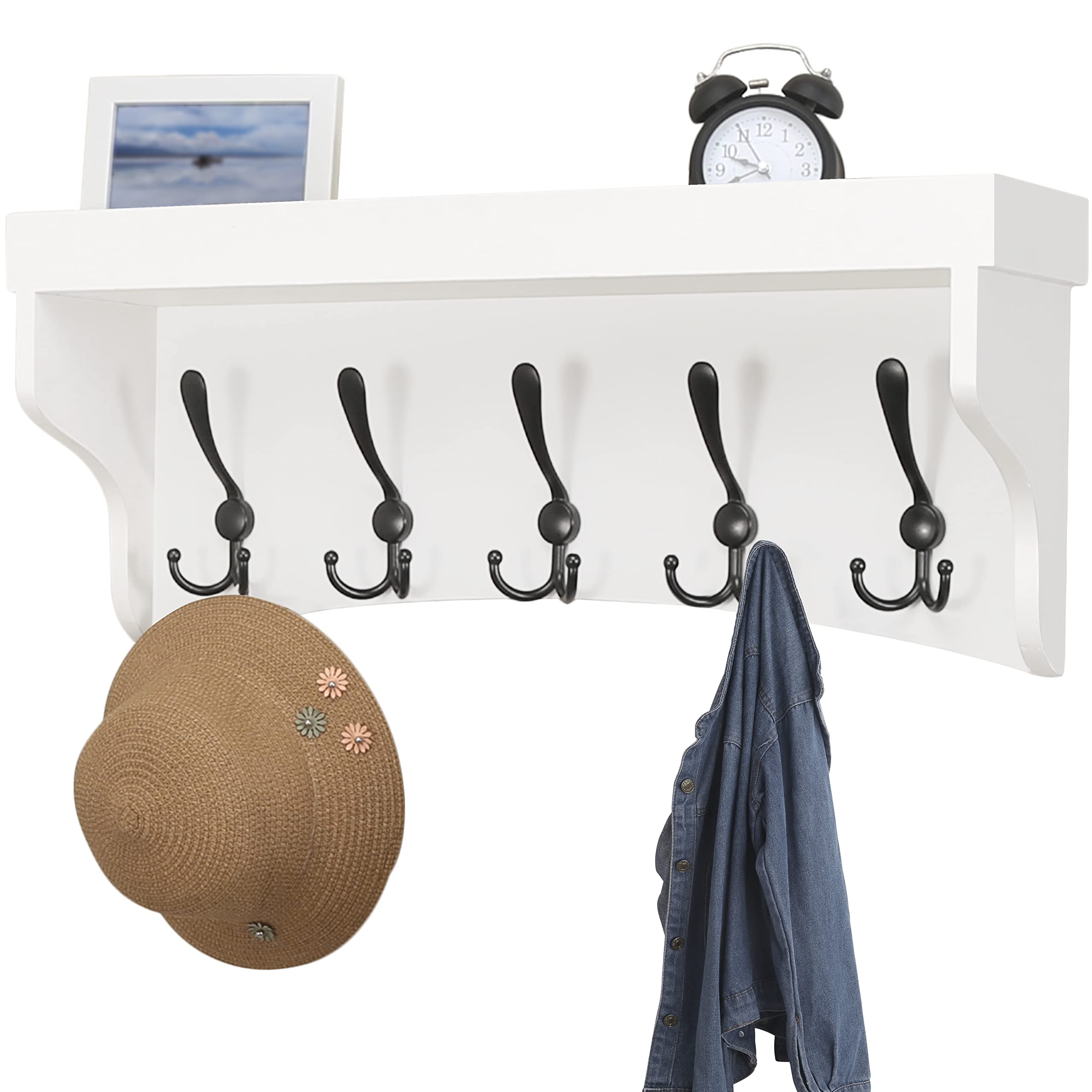 Dseap Coat Rack Wall Mounted Shelf with 5 Tri Hooks 24-Inch Heavy Duty Wood Entryway Shelf with Hooks, Coat Hanger Shelf, White & Black
