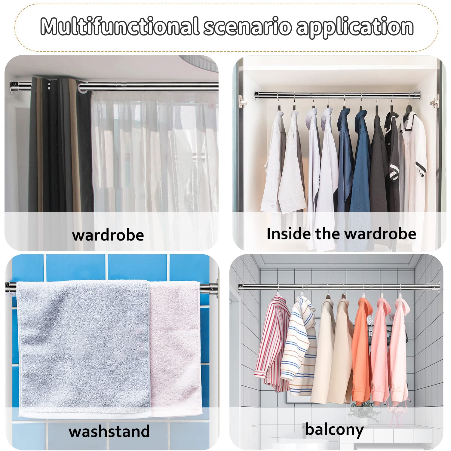 Closet Rod for Hanging Clothes, 28 to 50 Inch Adjustable Extender Closet Hanging Rods, Heavy Duty Tension Metal Extender Closet Pole for Wardrobes(Stainless Steel Silver)