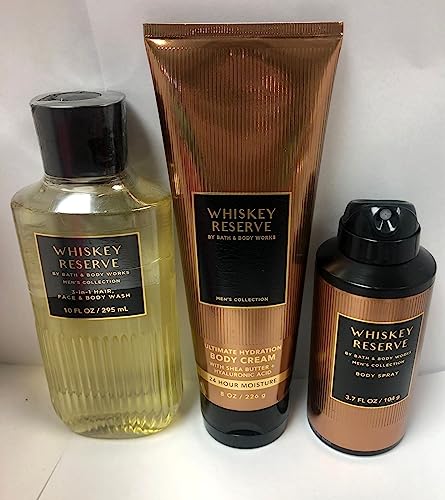 Bath & Body Works - Whiskey Reserve β For Men - 3 pc Bundle - 3-in-1 Hair, Face & Body Wash, Deodorizing Body Spray and Ultimate Hydration Body Cream β 2021