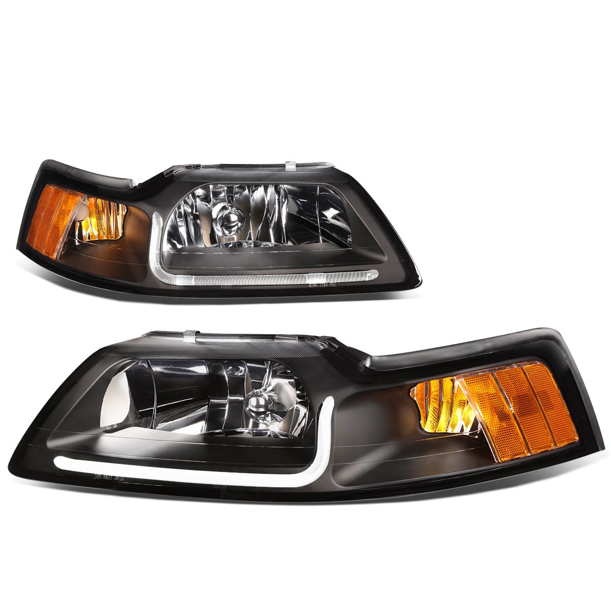 Auto Dynasty LED Light Bar DRL Strip Headlights Assembly Headlamp Kit Compatible with Ford Mustang 1999-2004, Driver and Passenger Side, Black Housing, Clear Lens