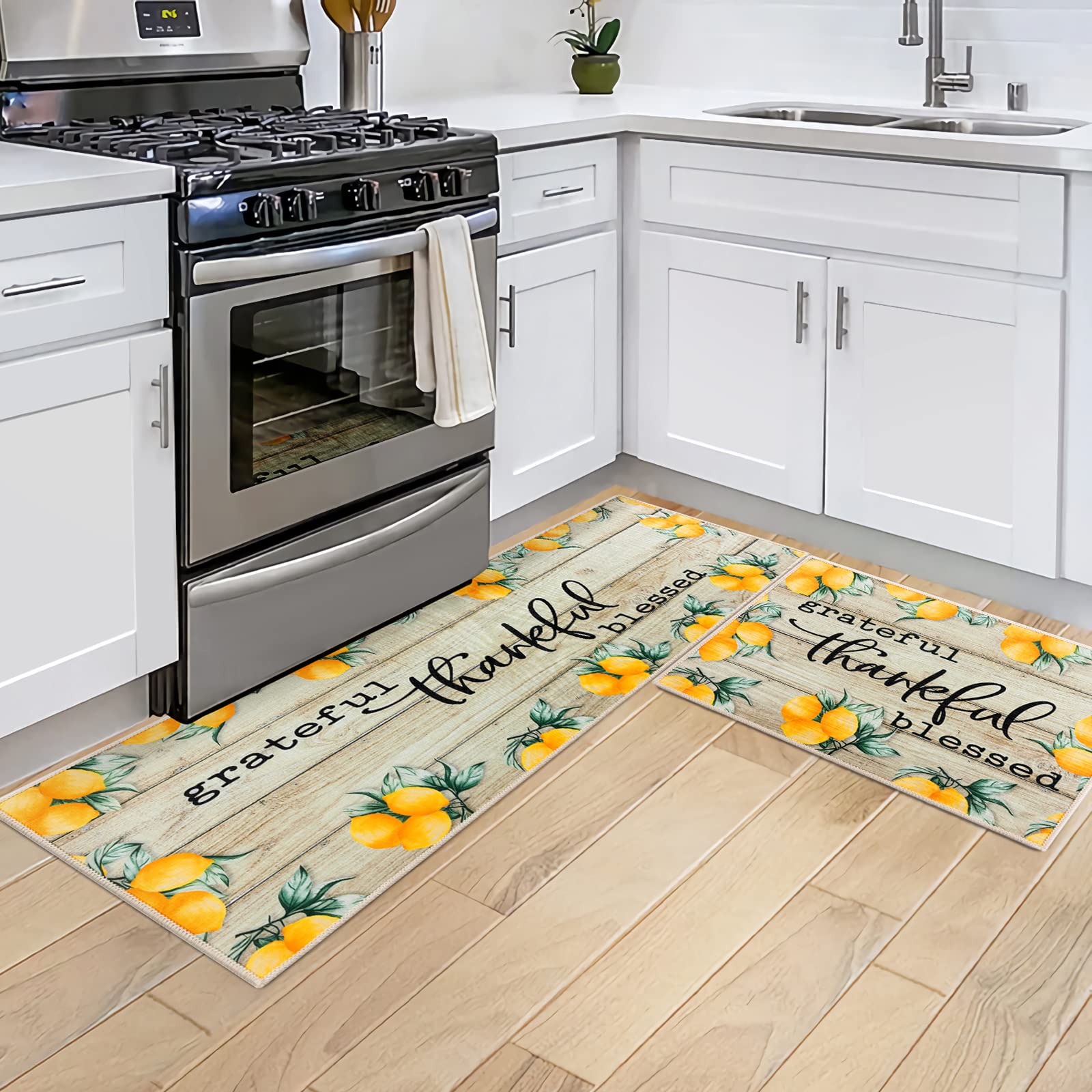 Asrug 2 Pieces Kitchen Rug Set Non-Slip Backing Mat Natural Design Throw Rug for Kitchen Doormat Runner Rug Set, Lemon Design, 17"x48"+17"x24"