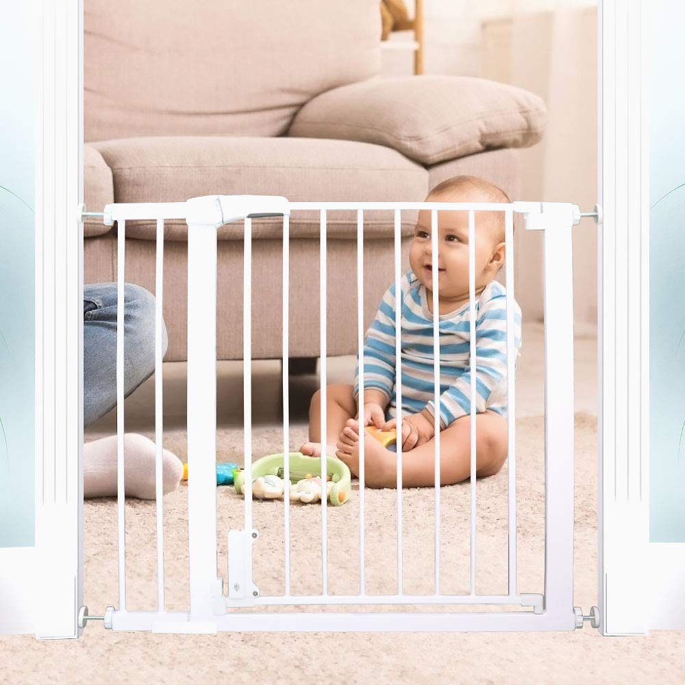Auto Close Door Gate with Alarm 29.5" to 51.6" Extra Wide Walk Thru Baby Gate No Drilling, White