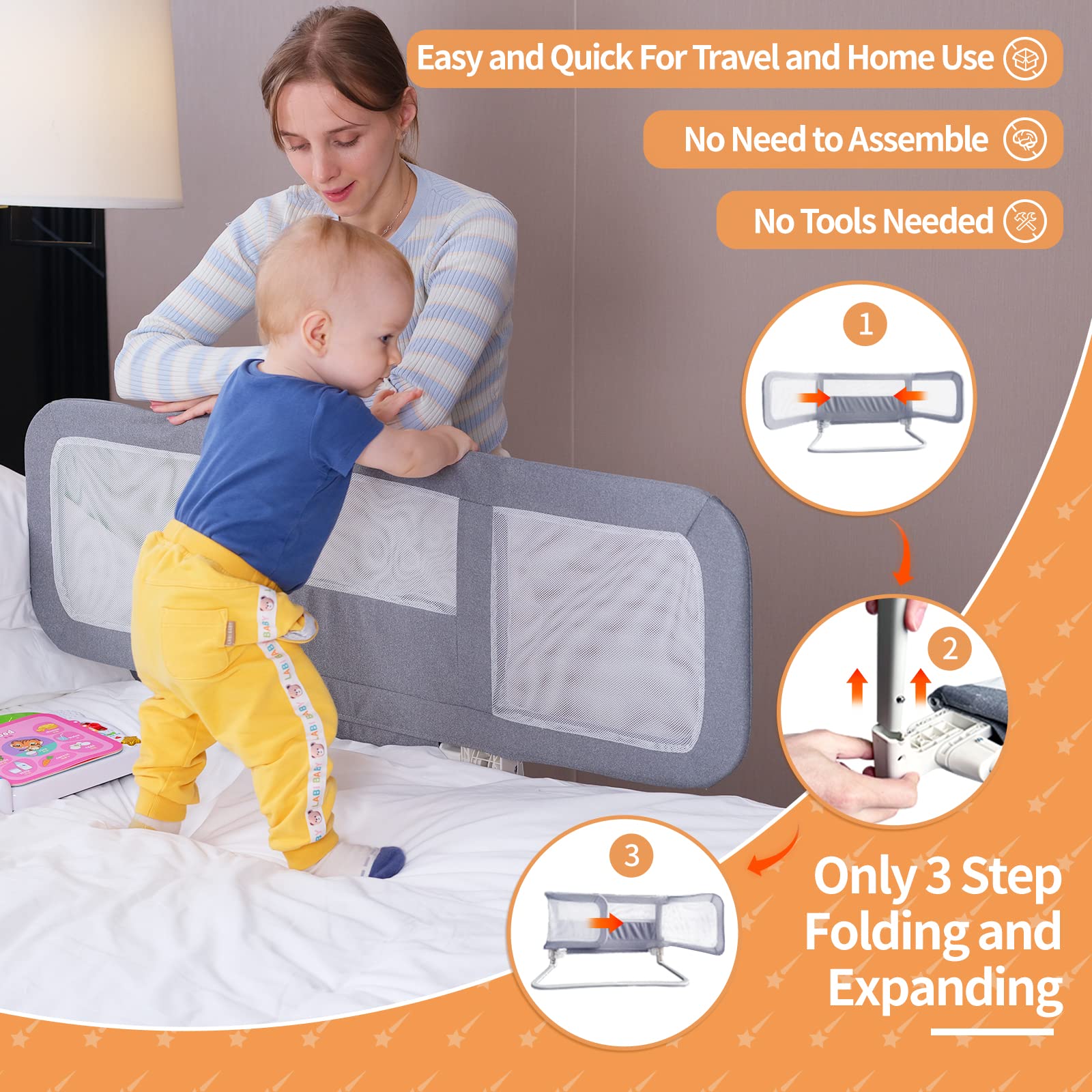 Bed Rail For Toddlers, Extra Long 41.3'' Baby Bed Rail Guard For Kids, 180° Up Side Down Foldable Portable Bed Fence, Infants Bed Guardrail For Travelling Hotel, Home, Full Twin Queen King Mattress
