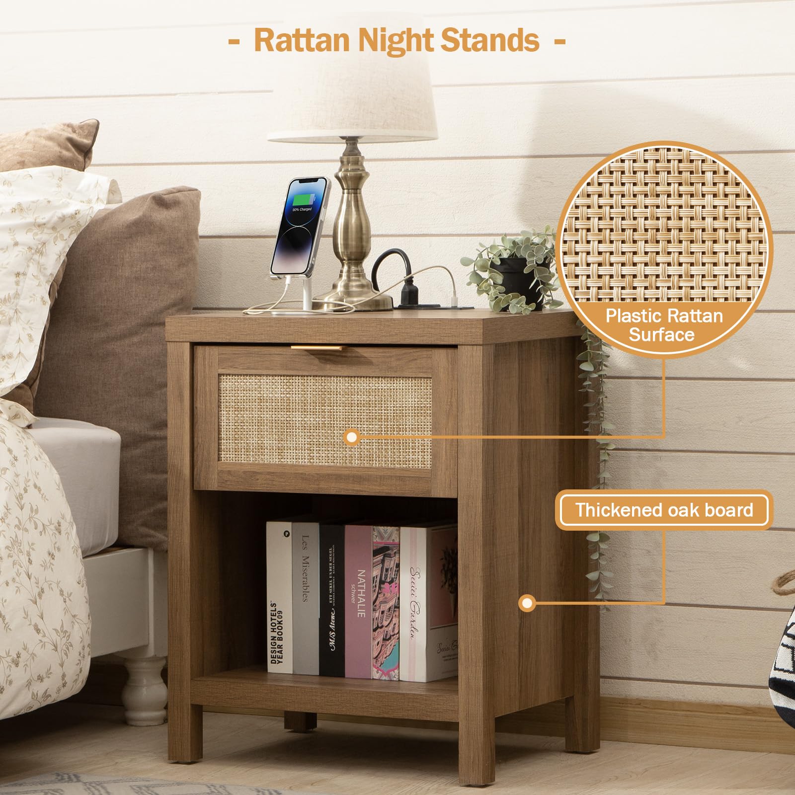 SICOTAS Rattan Nightstand Tall End Table - Farmhouse Side Table with Storage Cabinet Boho Night Stand Bedside Table for Bedroom, Small Space