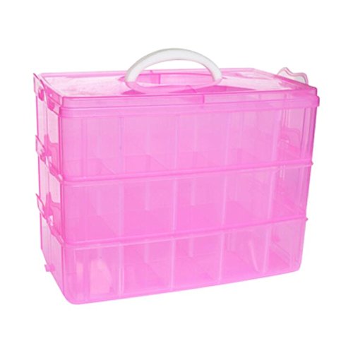 DJUNXYAN 3-Tier 30 Sections Transparent Stackable Adjustable Compartment Slot Plastic Craft Storage Box Organizer For Toy Desktop Jewelry Accessory Drawer Or Kitchen 4 Colors 3 Sizes(Extre large Pink)