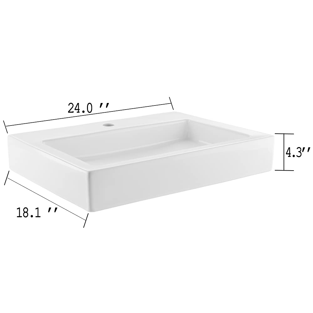 Bathroom Vessel Sink Rectangular White,VALISY 24 x18 Inch Above Counter Porcelain Ceramic Vessel Sink, Rectangle Modern Vanity Lavatory Bath Countertop Bathroom Sink Bowl Basin with Single Faucet Hole