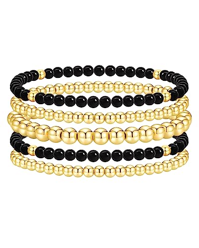 Gold Beaded Bracelets for Women Stackable Gold Bracelets for Women 14K Gold Plated Stretch Bead Ball Bracelet Hypoallergenic Bohemian Bracelets