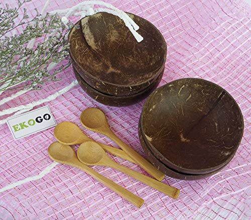 BeeGreeny Premium Coconut Bowls with Spoons (Set of 4) | Polished With Coconut Oil | Handmade, Vegan, Natural, Eco Friendly, Reusable Bowl for Breakfast, Serving, Decoration, Party