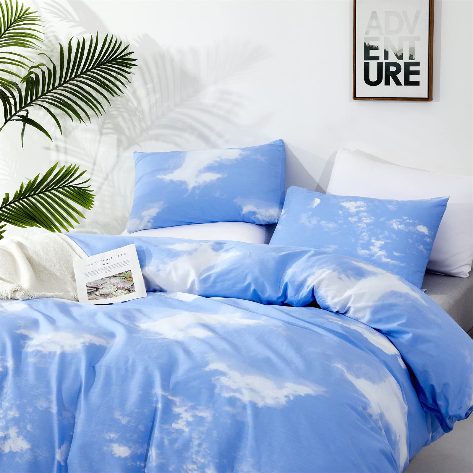 CLOTHKNOW Blue Cloud Full Comforter Set 3Pcs Blue White Bedding Comforter Sets Sky Comforter Soft Light Blue Full Size Comforter Sets