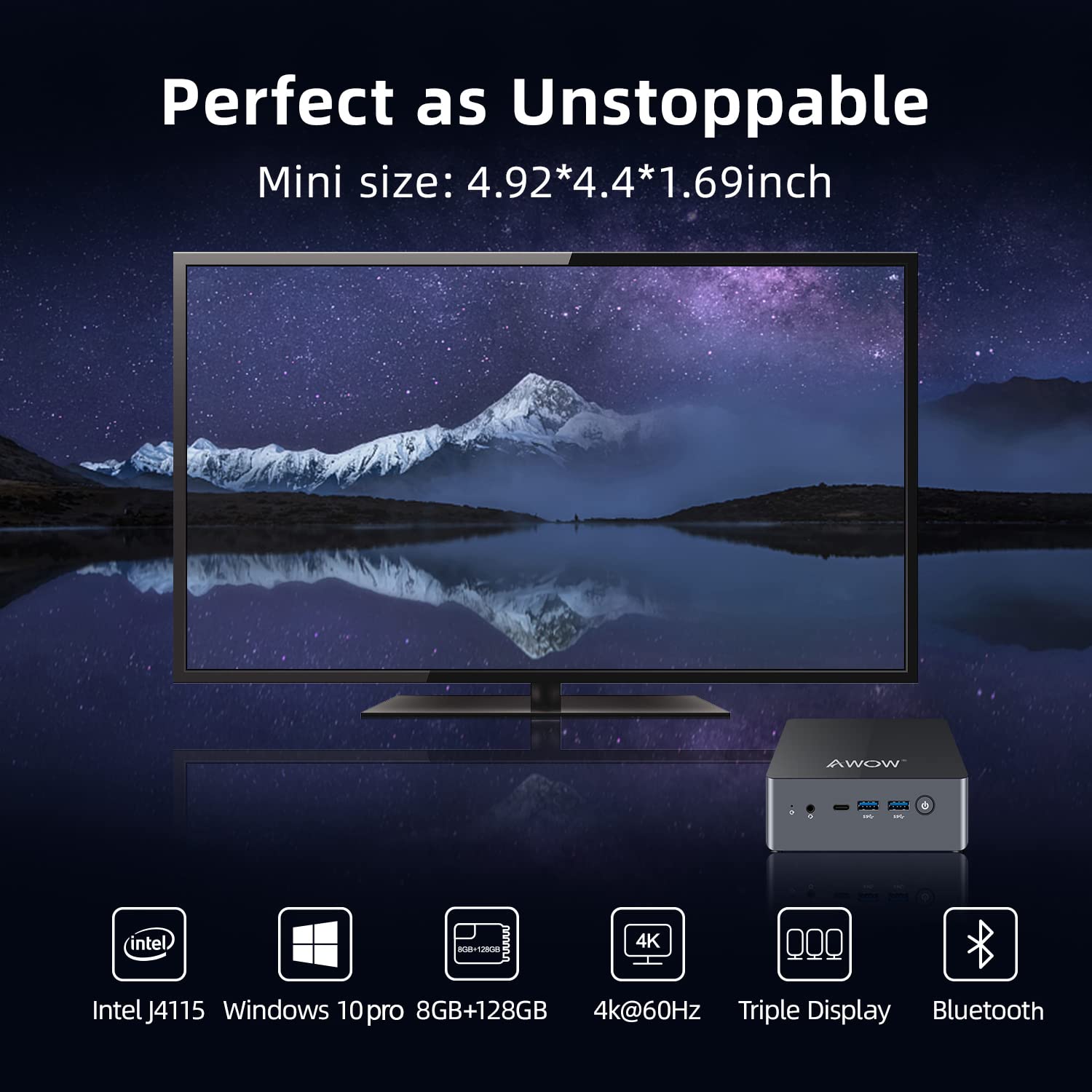 AWOW Mini PC, Intel J4125(up to 2.7GHz) Mini Desktop Computers, 8GB RAM 128GB M.2 SSD, Micro PC Triple 4K Screen Display, HDMI x2, USB x4, 2.4G/5G WiFi, BT4.2 for Business/Home/Office