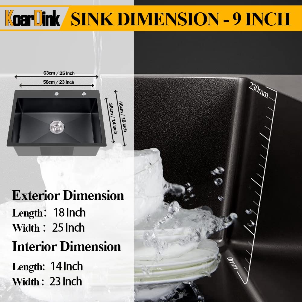 Black Kitchen Sink, Topmount Stainless Steel Bar Sink 25x18x9 Inch Drop In Single Bowl Kitchen Sink With Accessories-Sink Grid,Strainer Basket,Soap Dispenser,Drain Assembly Set For Modern Kitchen Sink