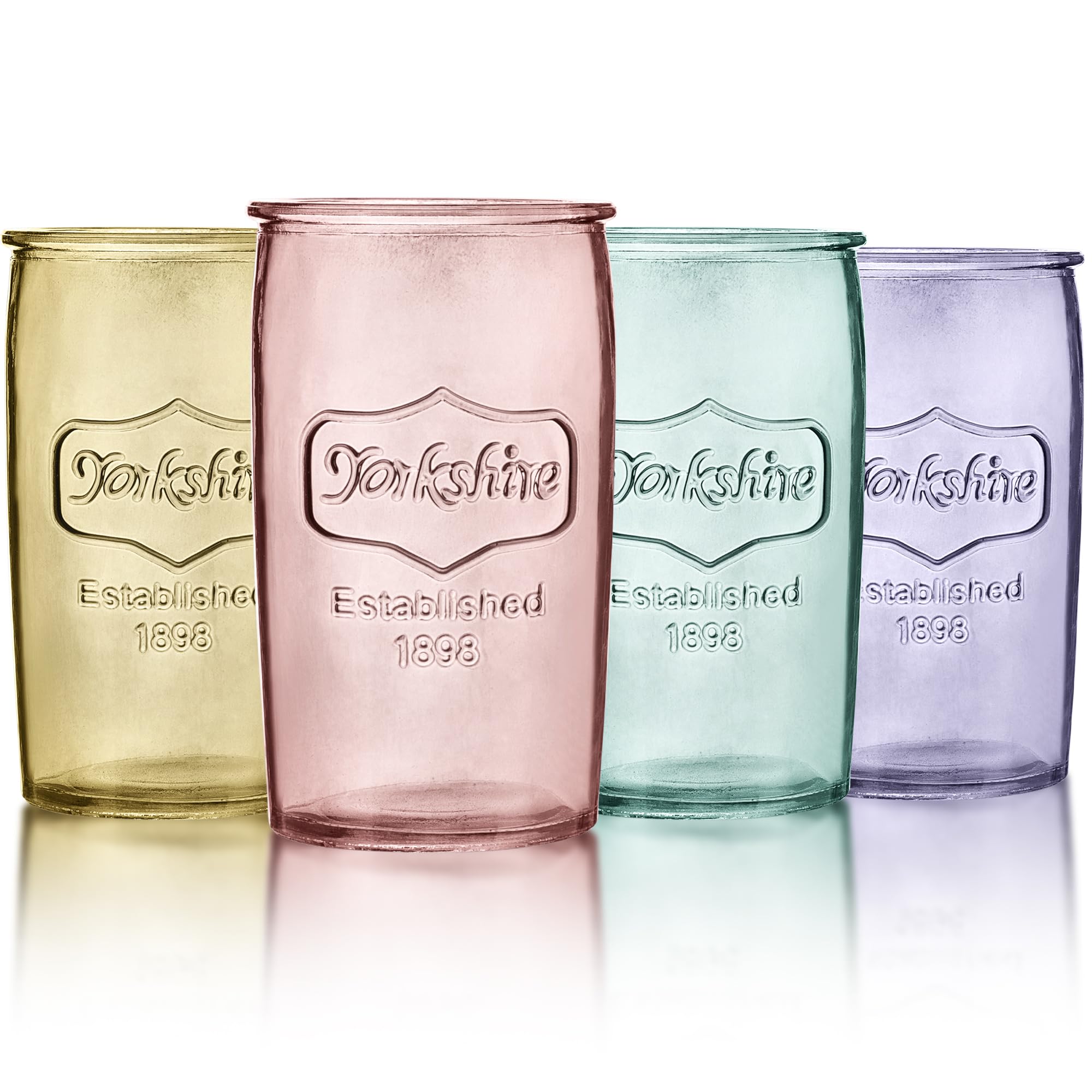 Colorful Mason Drinking Glasses Set of 4 - Yorkshire Tumbler 16 oz Glassware Cups for Ice Cold Drinks, Beverages, Iced Tea, Coffee - Vintage Kitchen Glass Cup Set - Multi Color Set