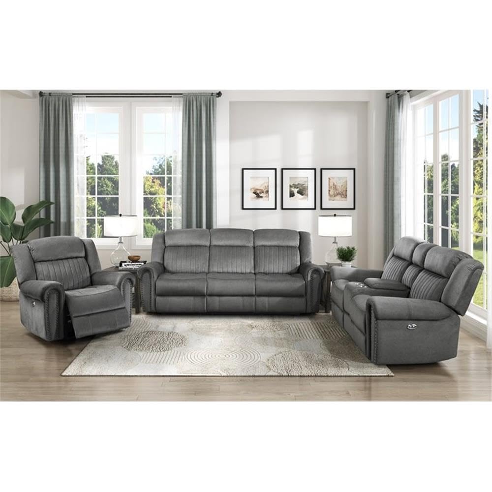 BOWERY HILL Wood & Microfiber Power Double Reclining Sofa in Charcoal