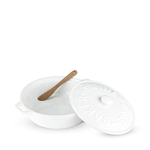 Twine, Brie Baker with Lid, Acacia Wood Spreader, White Ceramic, Set of 1