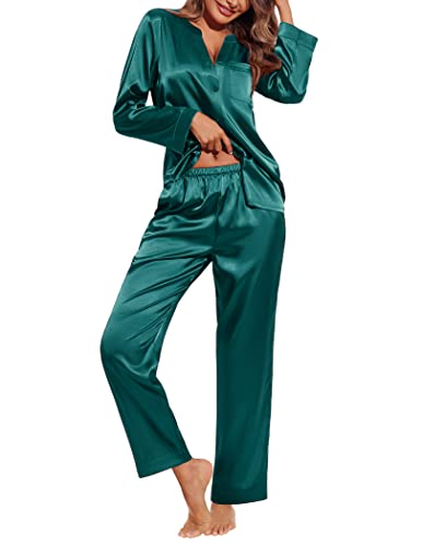 Ekouaer Womens Silk Pjs Long Sleeve Sleepwear Satin Pajamas Top and Pants Set Two Piece Sleep Set Dark Green