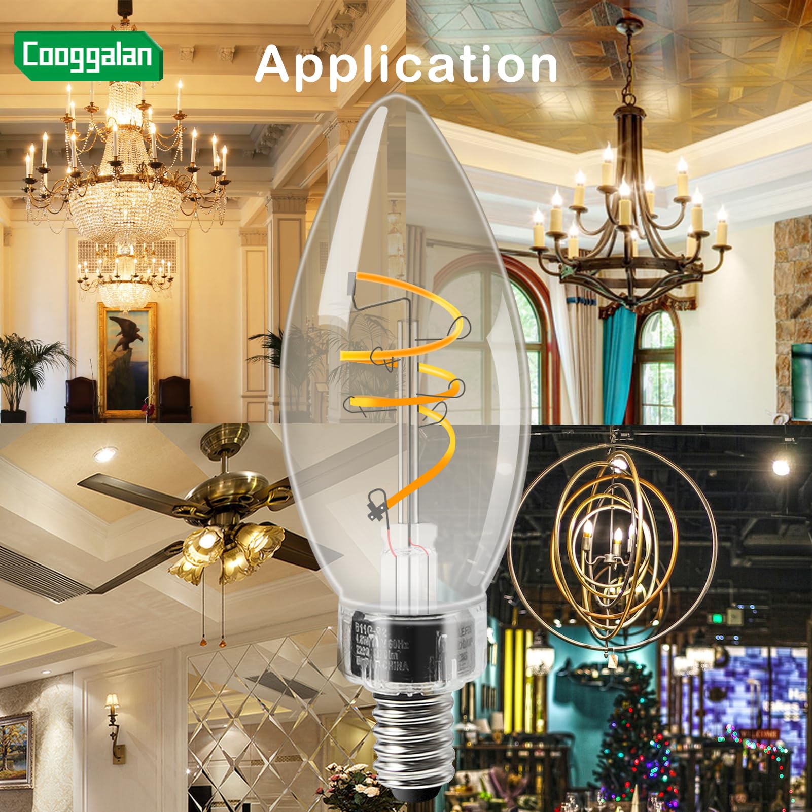 COOGGALAN Dimmable 60 Watt Chandelier Light Bulb, Amber Candelabra LED Light Bulbs B11 E12, Vintage Spiral Filament Bulb, 4.8W Warm White 2200K, CRI 90, 6 Pack