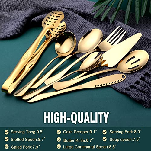 Gold Serving Utensils, OGORI 8-Piece Polished Stainless Steel Flatware Silverware Set Include Serving Spoon, Slotted Spoon, Soup Spoon, Cake Server, Fork, Salad Fork, Butter Knife, Serving Tong