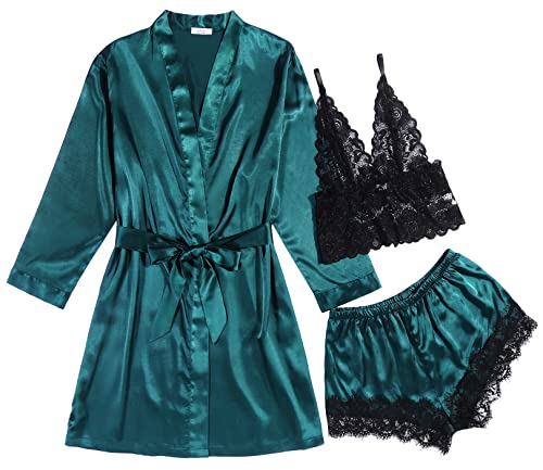 Ekouaer Womens Sleepwear with Robe 3Pcs Satin Silky Pajama Set Sexy Floral Lace Trim Sleepwear Dark Green