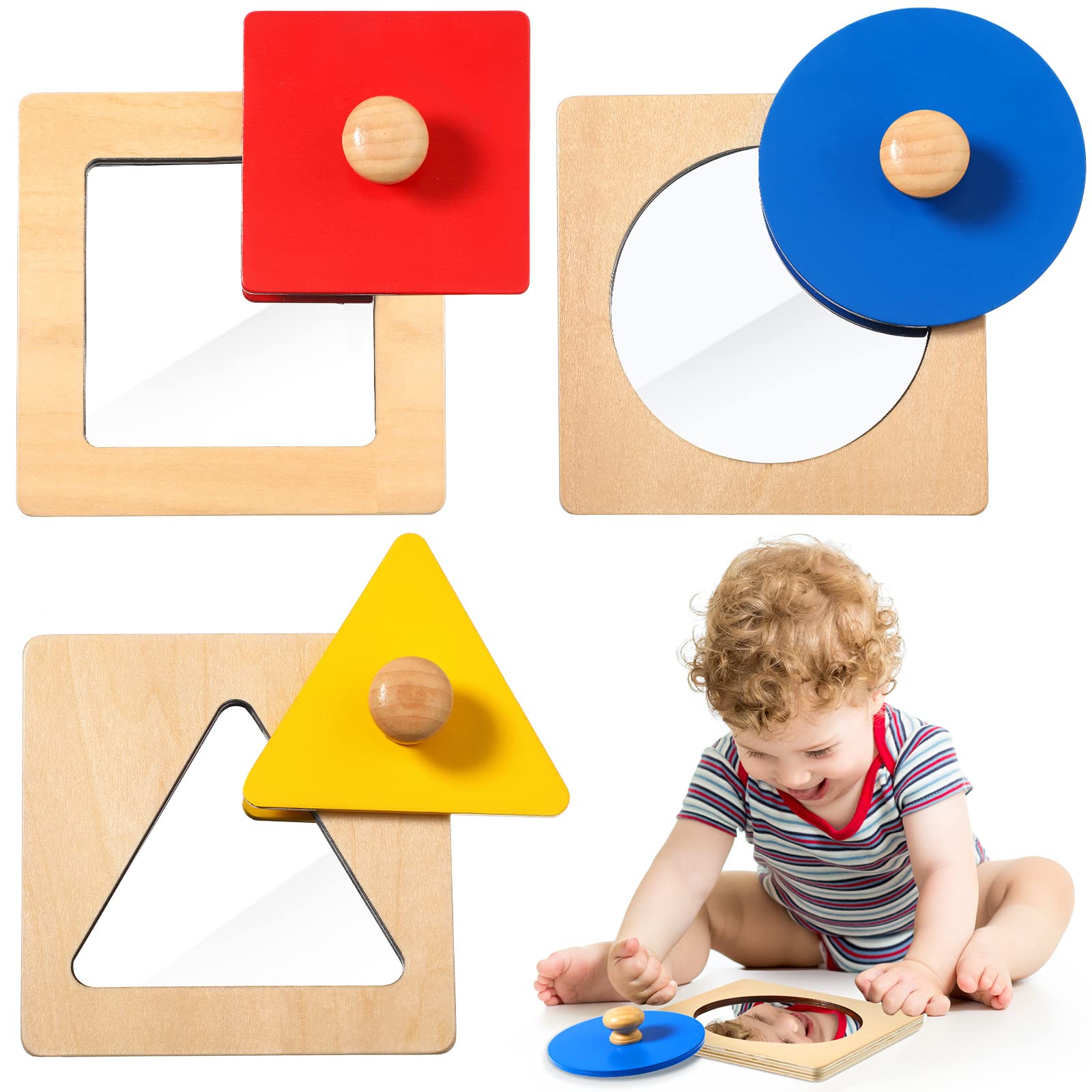 Civaner Montessori Mirror Puzzle Baby Peekaboo Knob Puzzles Colorful Baby Mirror Toy Wooden Geometric Shape Puzzle Sensorial Toys Birthday Gifts for Toddler Preschool