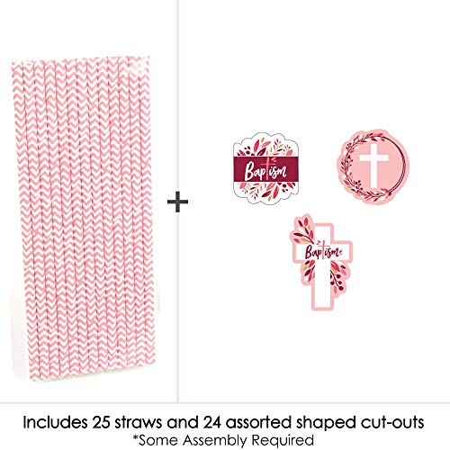 Baptism Pink Elegant Cross - Paper Straw Decor - Girl Religious Party Striped Decorative Straws - Set of 24