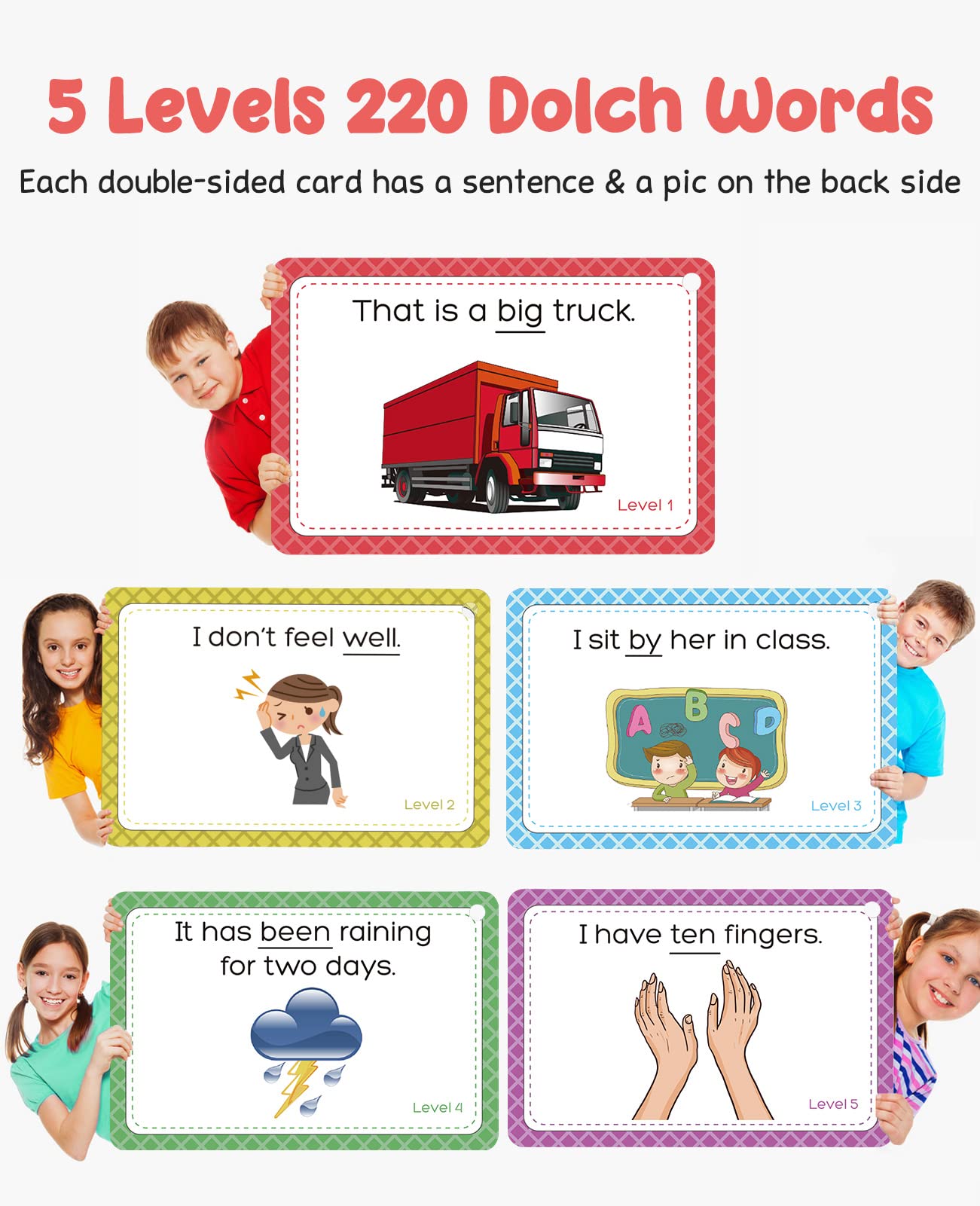 GAMENOTE Sight Words Kids Educational Flash Cards with Pictures & Sentences - 220 Dolch Big Word Games for Toddlers, Aged 3-9 Preschool Learning Activities(Pre K), Kindergarten, 1st, 2nd, 3rd Grade