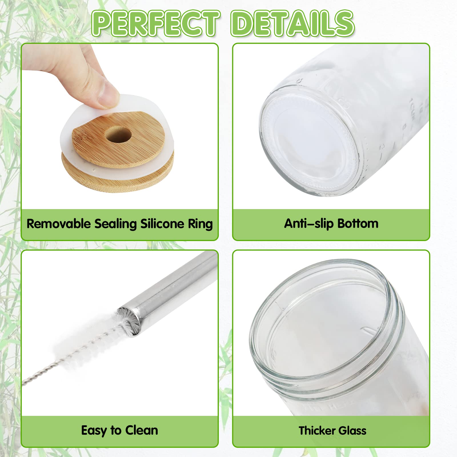 BESTBEL 6 Pack Mason Jar Drinking Glasses with Lids and Straws,24OZ Glass Cups with Bamboo Lids and Straws,Wide Mouth Reusable Smoothie Cups,Iced Coffee Cups,Boba Cup,Bubble Tea Cup