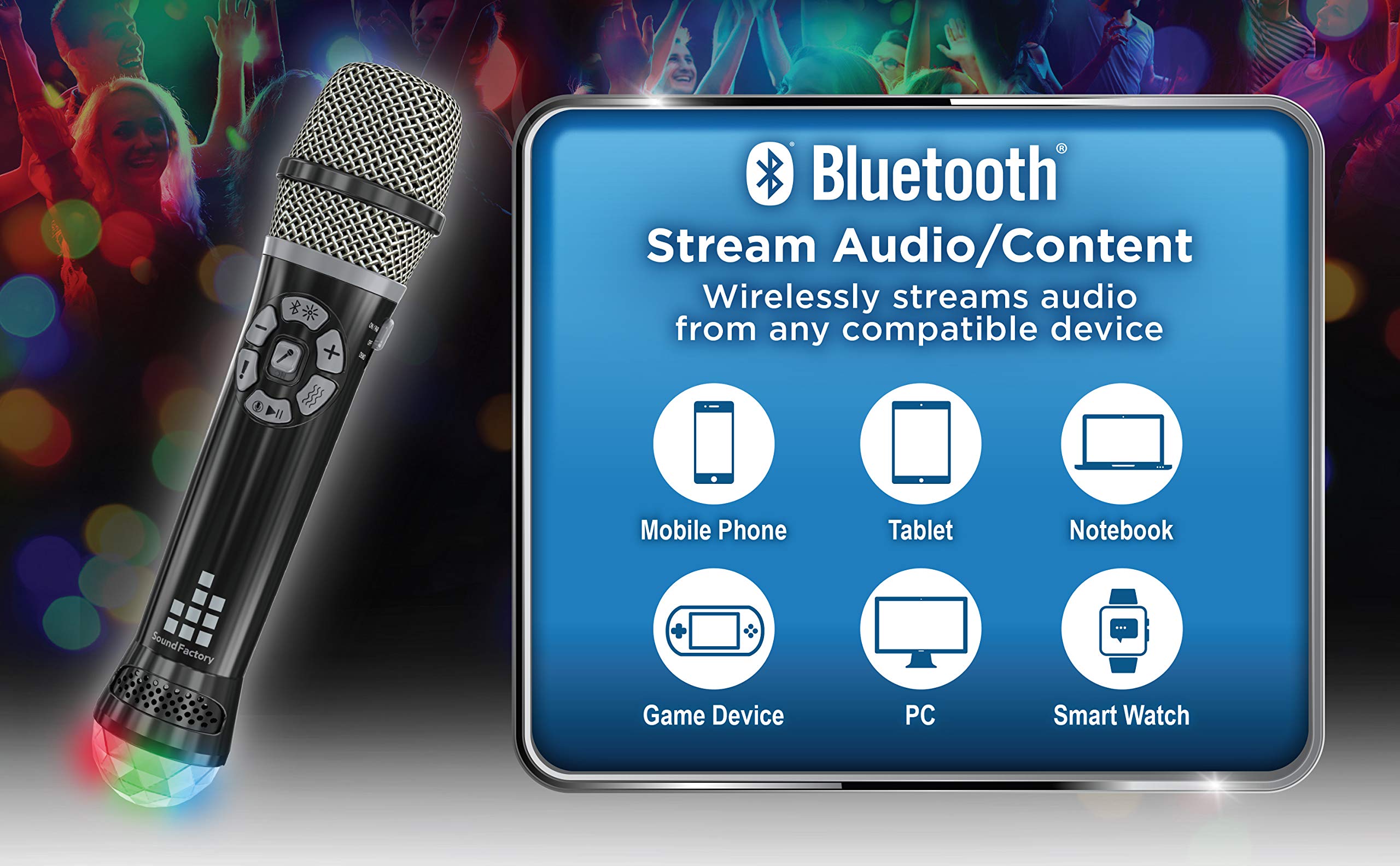 iHome Sound Factory Bluetooth Karaoke Microphone with LED Disco Party Lights,Portable Bluetooth Speaker Compatible with Apple Samsung Siri and Google Assistant,Wireless Microphone for Karaoke Fun