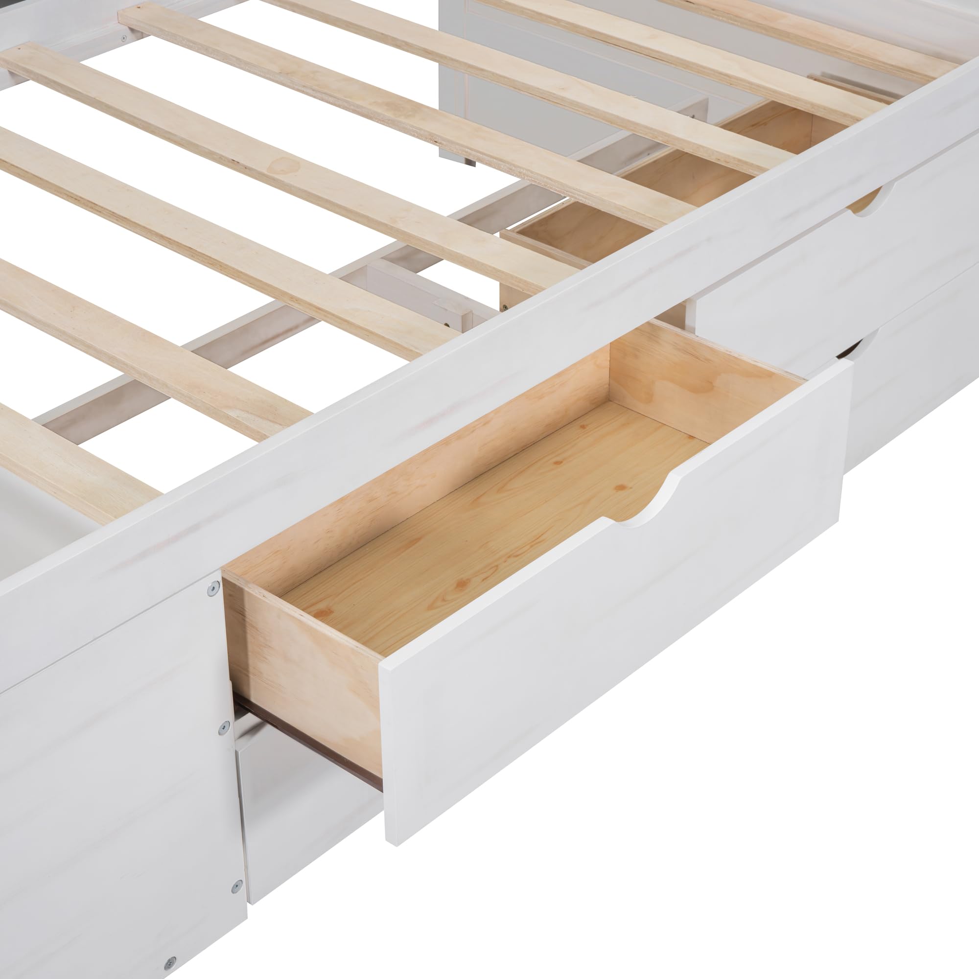 Brisca Twin Size Daybed with Four Drawers and Three Shelves,Multifunction Solid Wood Storage Bed Frame,W/Wooden Slates Support,for Kids Teens,Boys & Girls,No Box Spring Needed,White