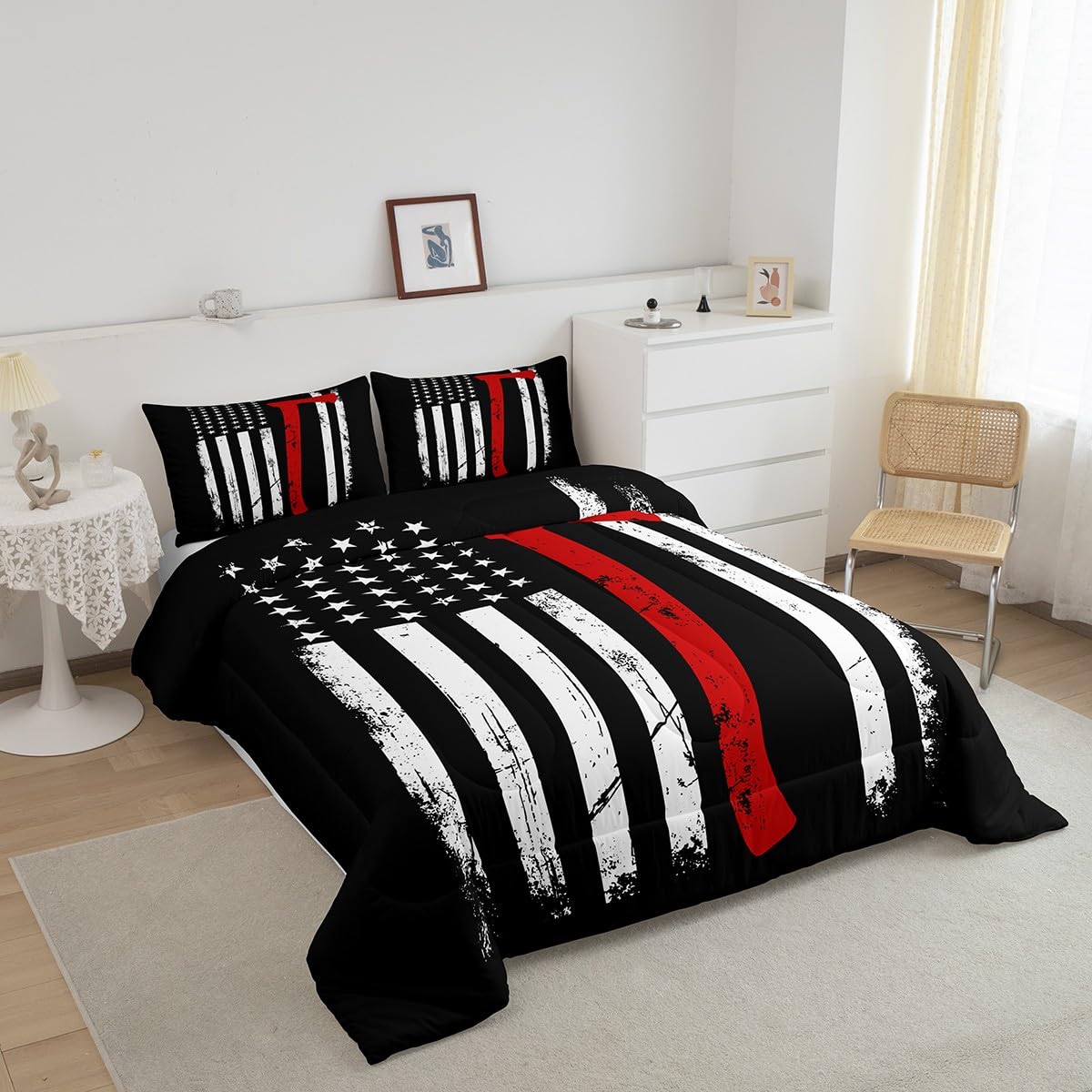 Boys Firefighter Twin Size Comforter Set,Kids American Flag Decor All Season Bedding Set,Teens Fireman Comforter,Children Red Black White Decor Quilt Set Bedroom Collection 2Pcs