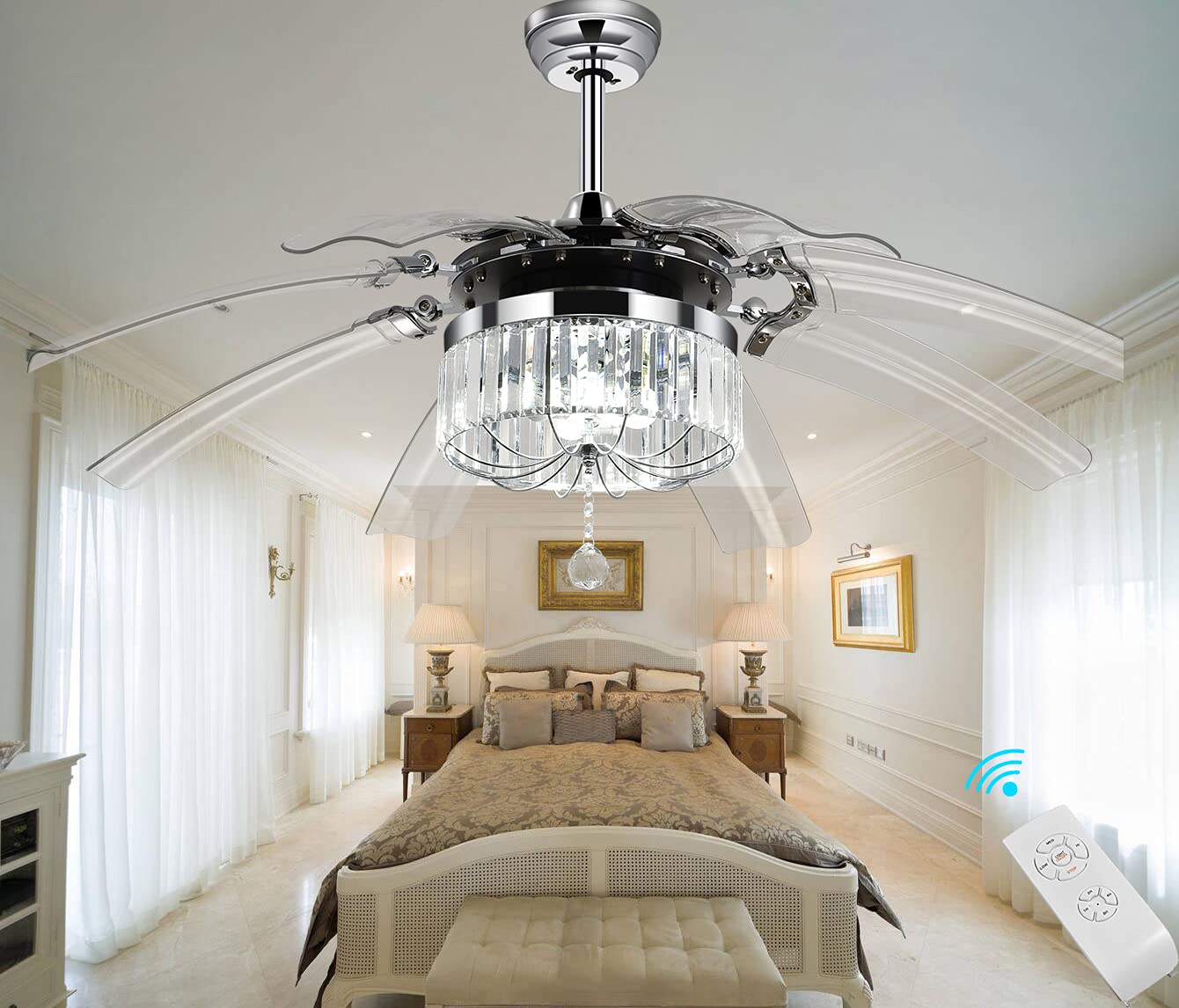 AWEHIRU 48inch Modern Crystal Ceiling Fan Indoor with Lights, Remote Control Fandelier, Retractable Ceiling Fan and Light Bedroom Dining Room Light Ceiling Fan Chandelier Light Fxitures