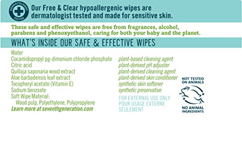 Seventh Generation Free & Clear Baby Wipes Refill Unscented and Sensitive Gentle as Water 64 count Pack of 12 (768 Total)