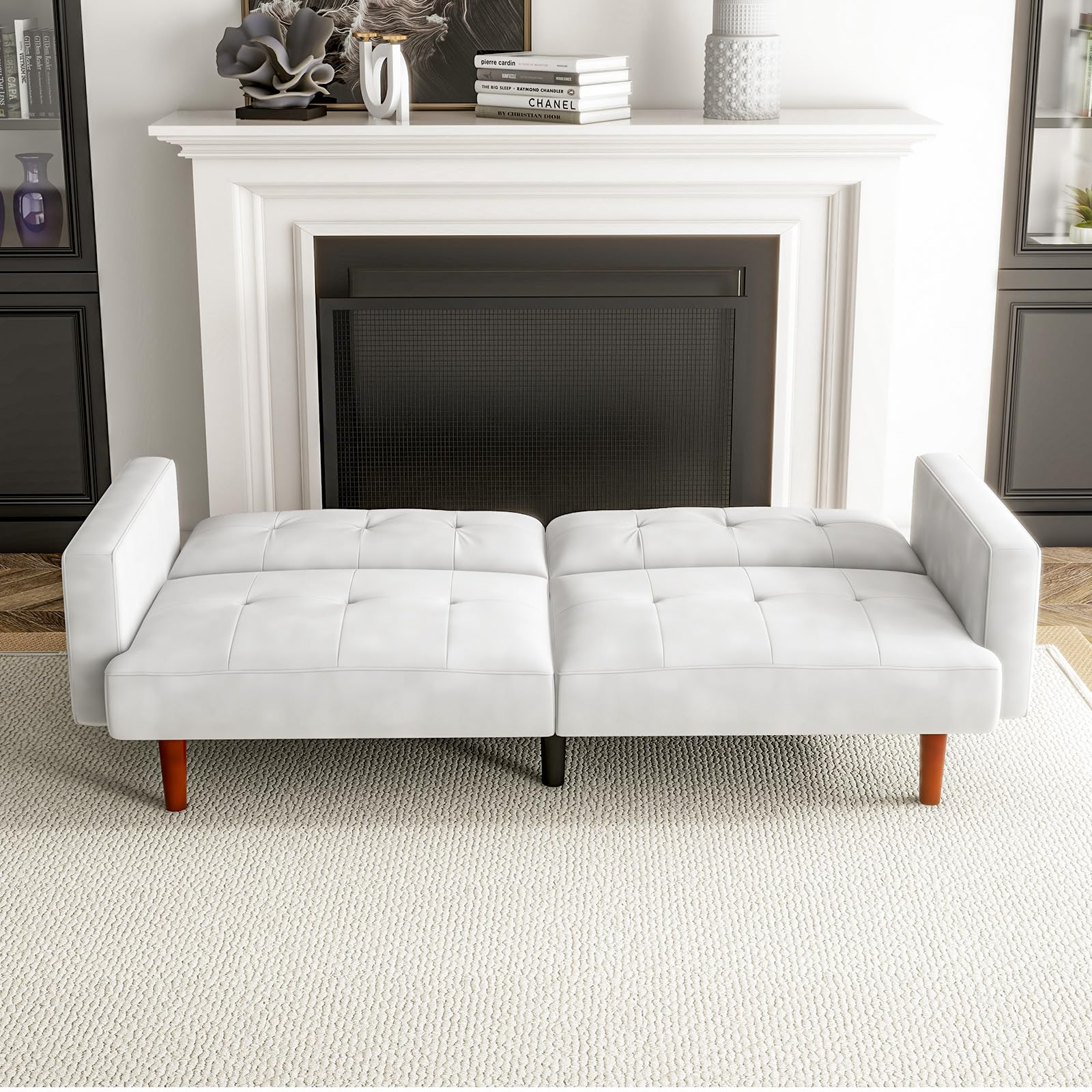 EBELLO Faux Leather Futon Sofa Couch Bed Solid Wood Legs, Convertible Sleeper Sofa Small Loveseat for Small Space Apartment, Bedroom, Living Room, Light Gray