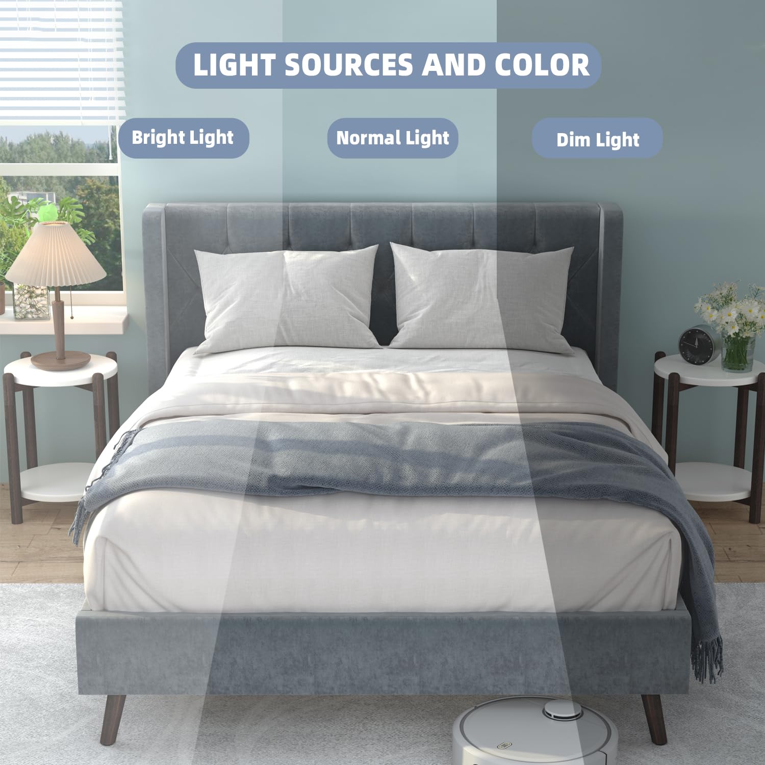 Chenoa Upholstered Full Size Bed Frame Tufted Platform Bedframe with Wingback Headboard, Wood Slat Mattress Foundation, No Box Spring Needed, Noise-Free and Non-Slip, Easy Assembly, Light Gray