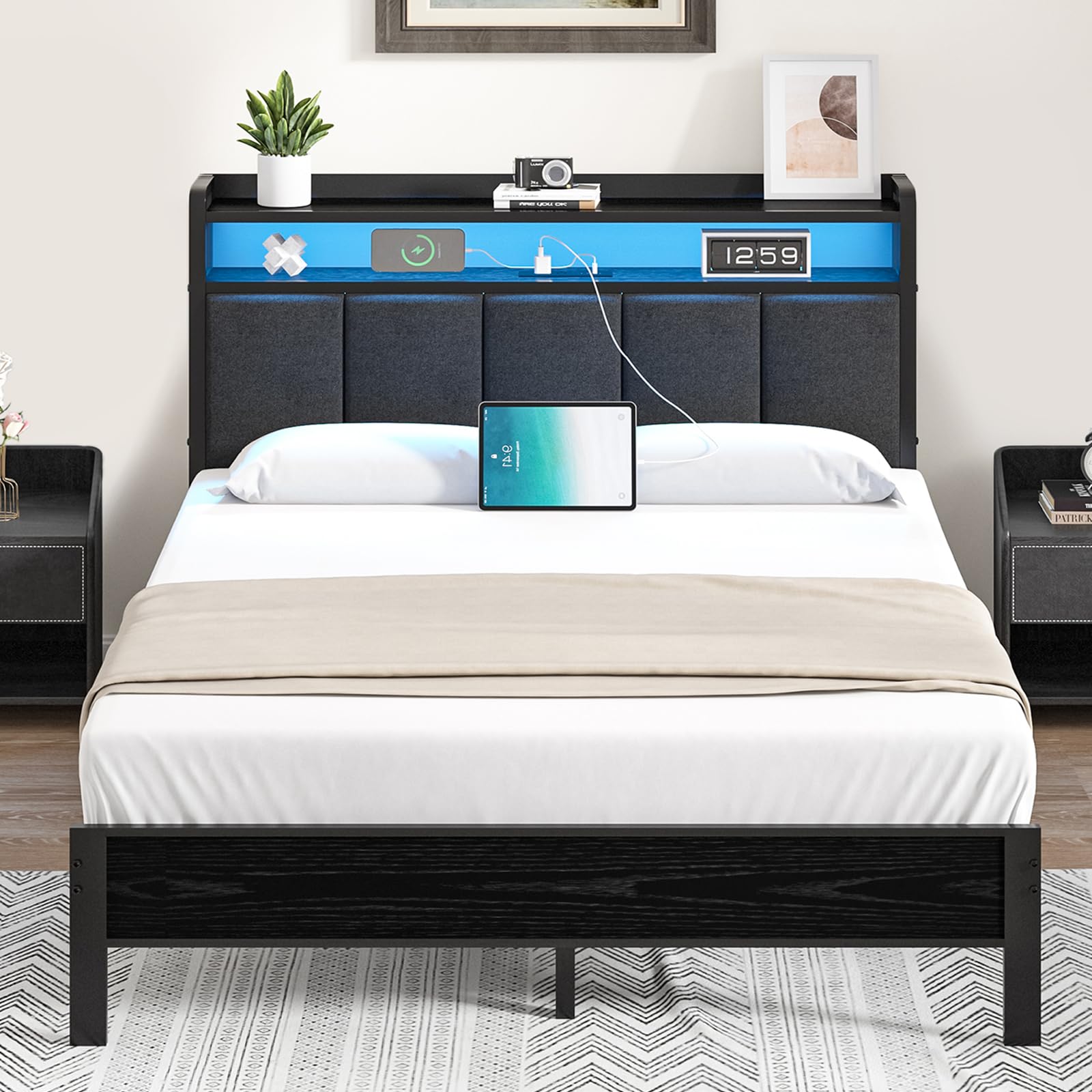 CHABUILDREARK Full Size Bed Frame with Storage Headboard, Upholstered Platform Bed with Charging Station and LED Lights, Heavy Duty Metal Slats, No Box Spring Need, Easy Assembly, Dark Grey