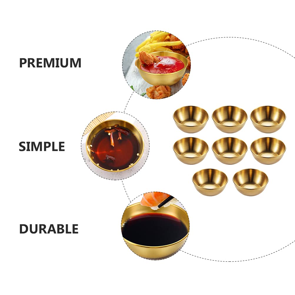 BESTonZON Sauce Dish 8pcs Golden Dipping Bowls, Stainless Steel Dip Soy Sauce Dishes & Bowl, Multipurpose Side Dish for Sauce, Condiments, Sushi, BBQ - Chip and Dip Serving Bowl Set