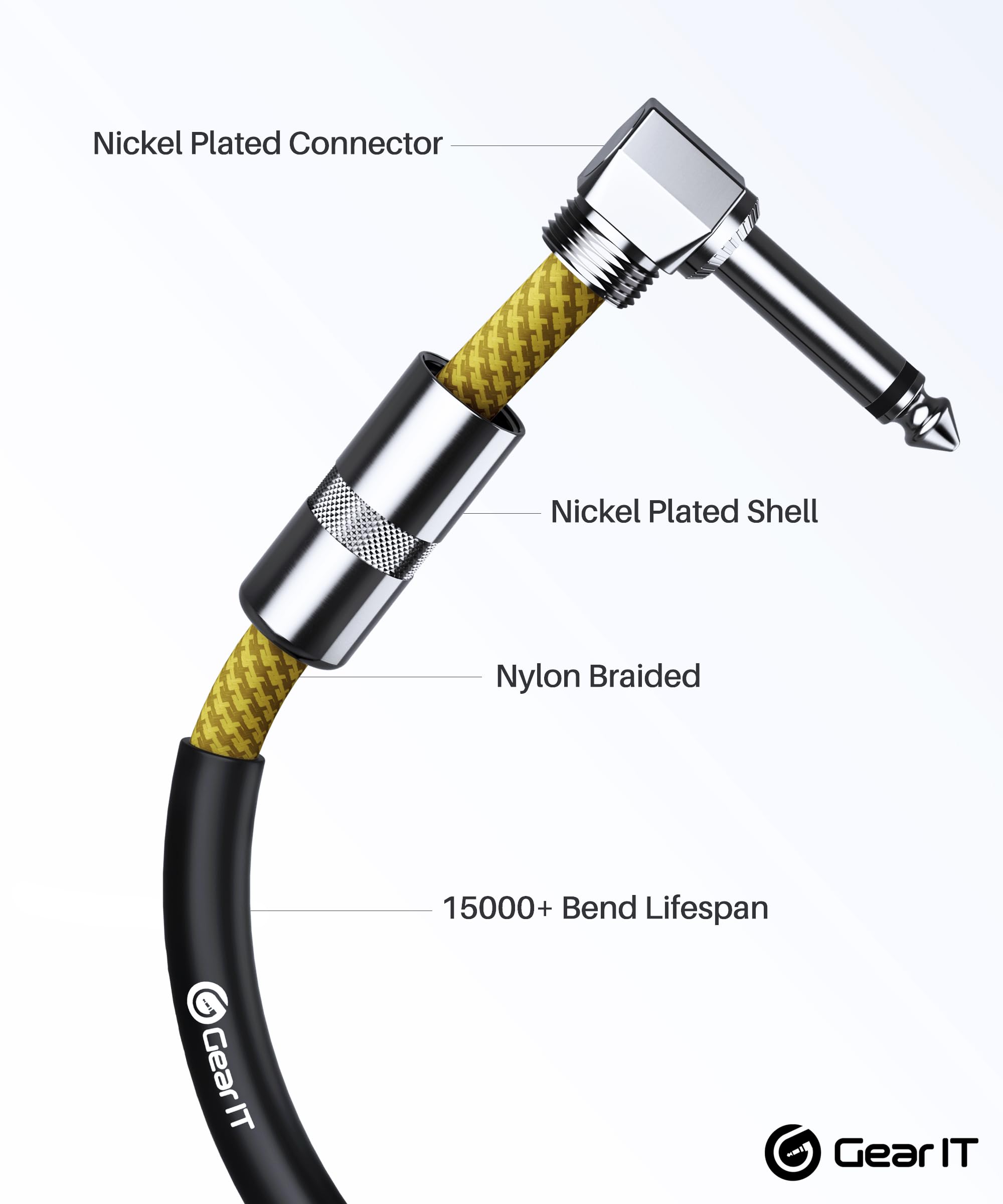 GearIT Audio Instrument Cable (10ft) Right Angle to Straight 1/4 Inch Male to Male for AMP Cord, Base and Electric Guitar - Black/White
