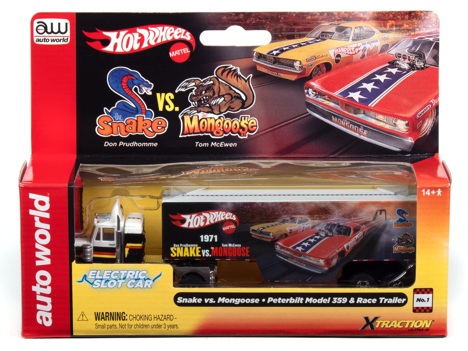 Auto World Xtraction Racing Rig Peterbilt 359 w/Trailer Snake vs. Mongoose (Flamethrower) HO Scale Slot Car