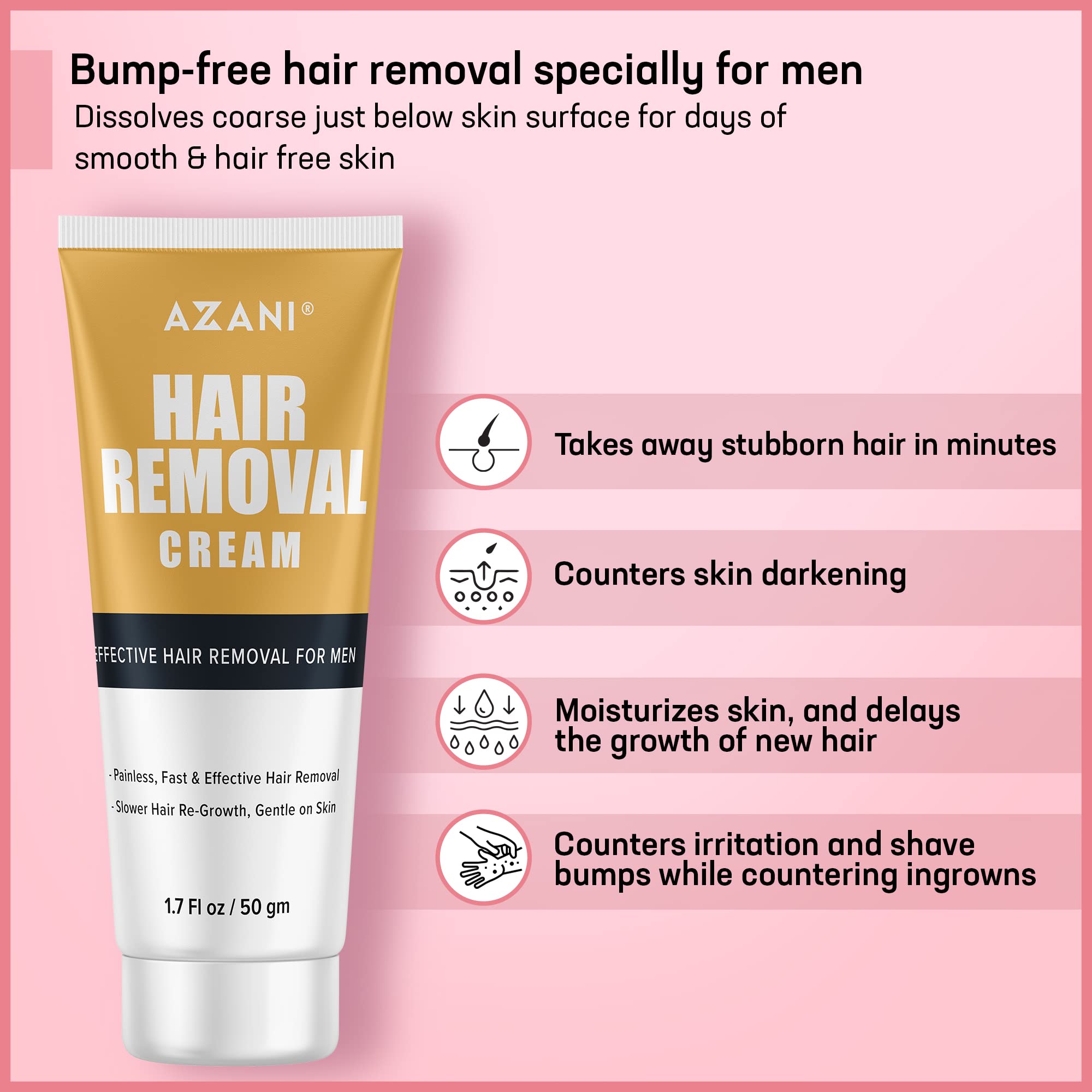 Azani Men's Hair Removal Cream|For Back, Chest, Underarms, Legs & Intimate Area | Counters Skin Darkening & Irritation| 1.76 Oz