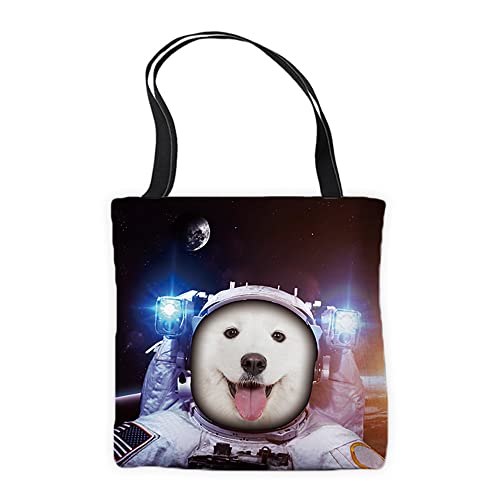 BAGEYOU Samoyed Dog Space Astronaut Tote Bag Funny Animal Casual Canvas Shoulder Bag for Shopping Work Beach