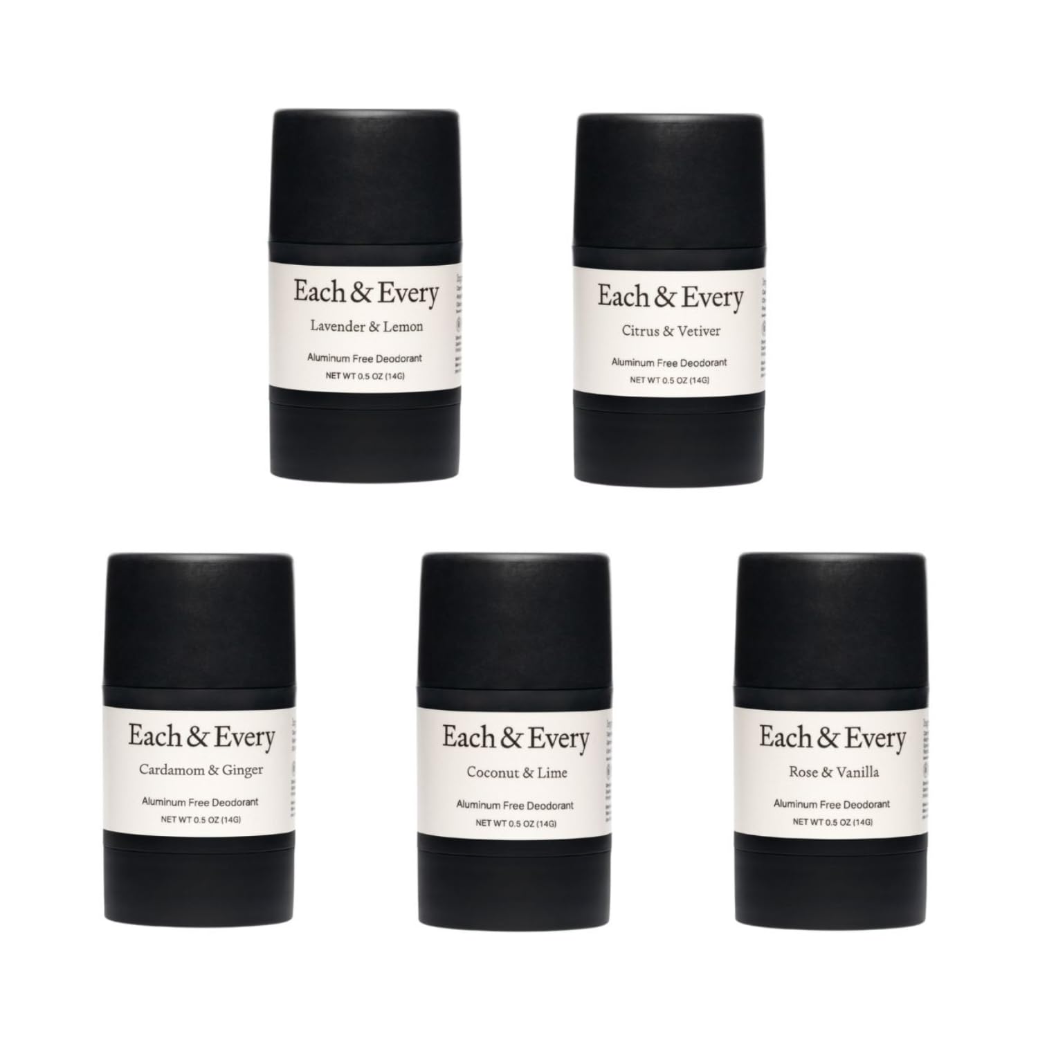 Each & Every All Natural Deodorant - Aluminum Free Deodorant for Women & Men - The Mini Starter Set - Sensitive Skin Friendly Multipack with All Our Best Sellers - Travel Size (5 Pack, 0.5 Oz Each)