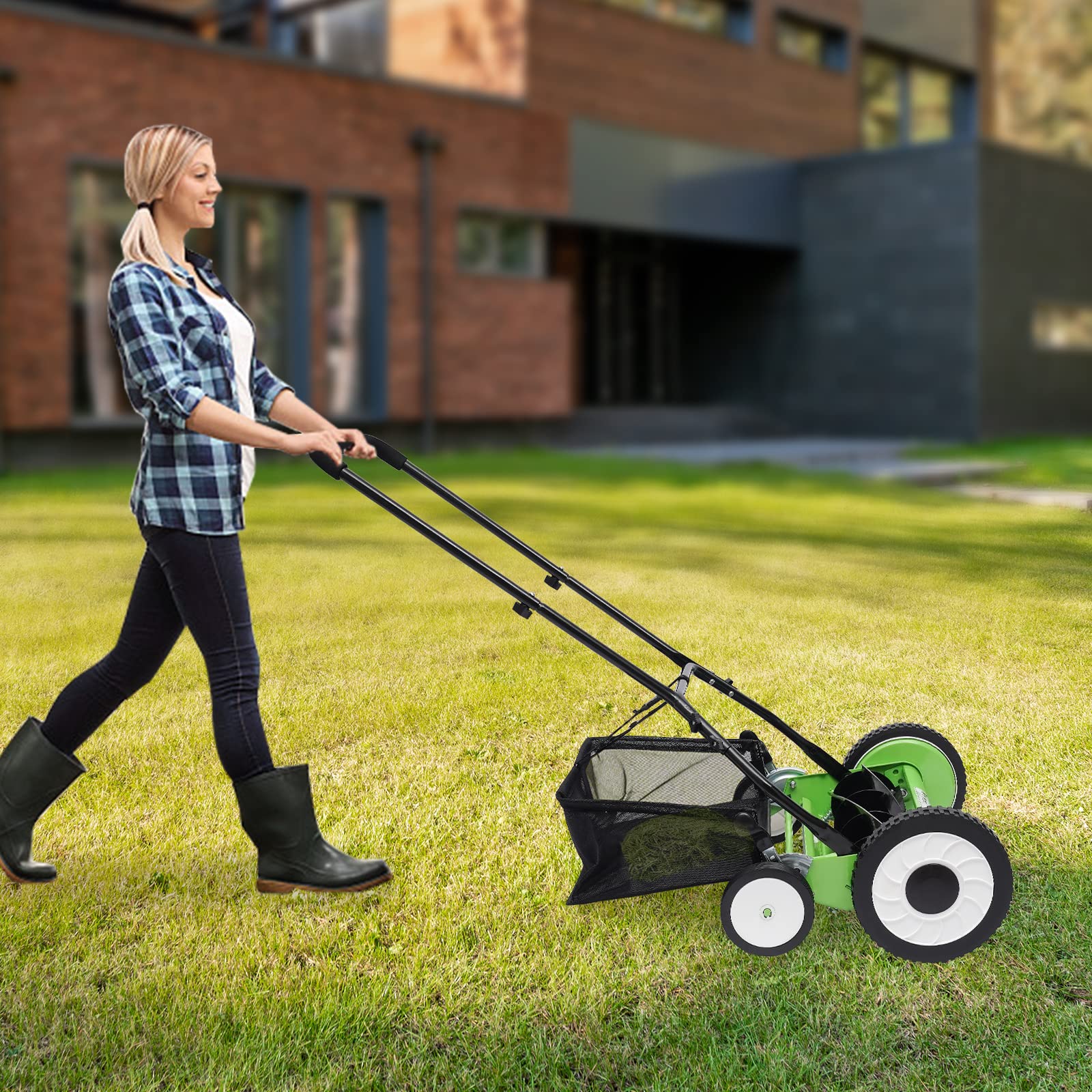 BANLICALI Grass Trimmer, 16-Inch 5-Blade Cordless Manual Reel Lawn Mower with Grass Collection Basket and Wheel, 9-Position Adjustable Height (1.34"-2.52"), Weed Wacker for Home Lawn Edger Green
