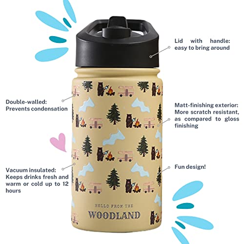 Kids Thermal Bottle with Straw Lid and Loop Cap, 12oz Premium Stainless Steel Water Bottle, Easy to Drink for Toddlers, Keeps Drinks Fresh for 12 Hours (Camping Bear)