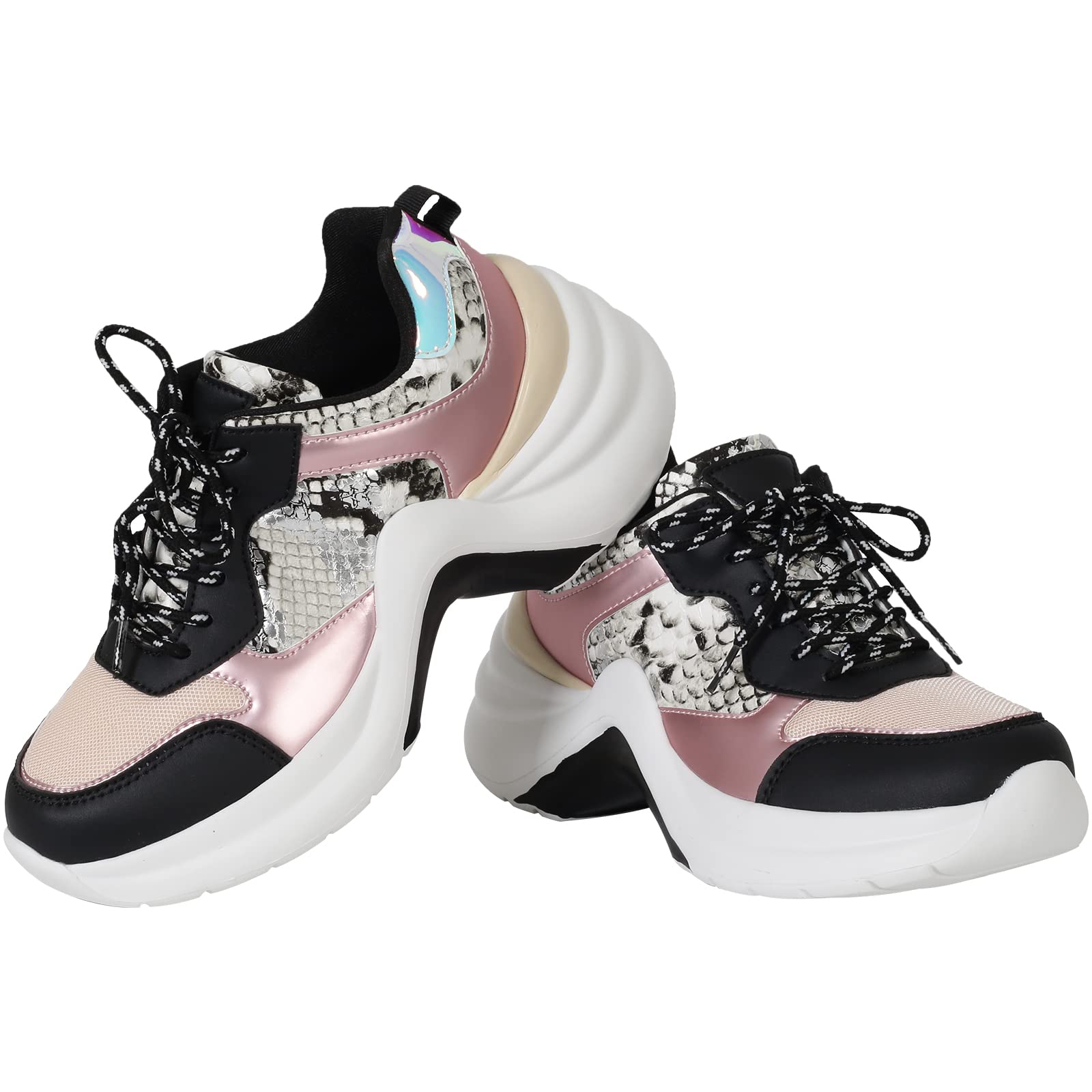 Asiman Women’s Chunky Platform Fashion Sneakers Lightweight Breathable Mesh Walking Shoes Outdoor Leopard Dance Running Shoes (Black/Snake,9)