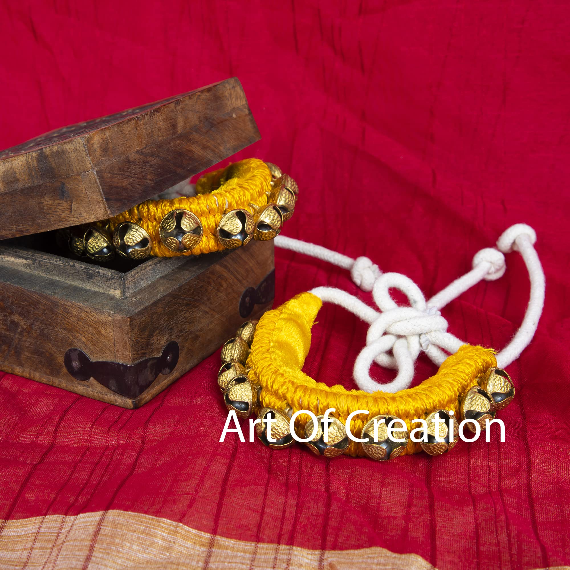 Art Of Creation Dancing Ghungroo Big Bells Pair 1 Lines Anklet Handmade Musical Instrument Classical Bharatnatayam Kuchchipudi Ghungru (Yellow Paded 20 Bell)