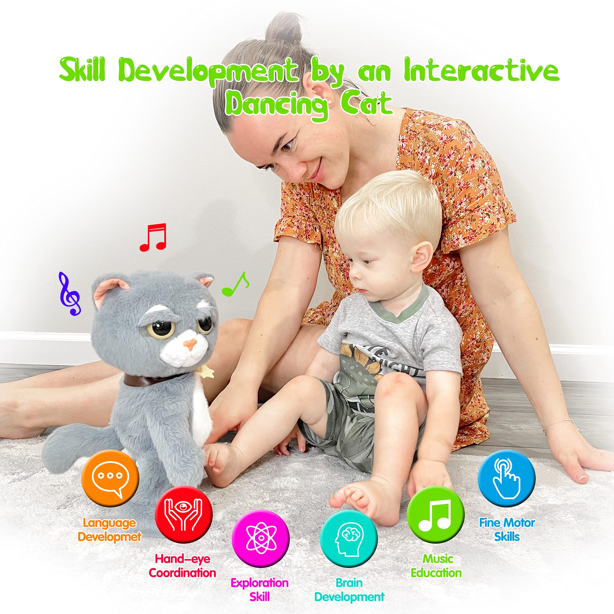 gebra Baby Toys 12 18 Months Singing Dancing Talking Cat Toddler Toys Interactive Cat Plush Early Learning Educational Musical Toy Gift for Boys and Girls Age 1 2 3 4 5, 14"
