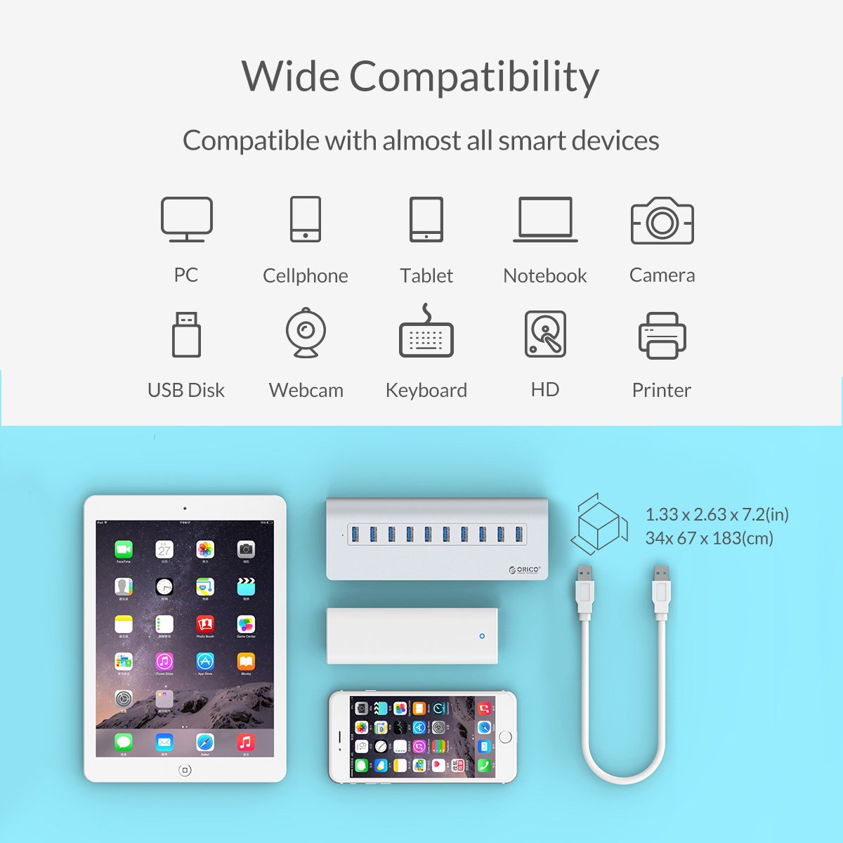 USB Hub, ORICO Super Speed USB 3.0 Triangle Aluminum Alloy Hub Splitter with DC12V Power Adaptor, 10-Port Data Hub with 3.3 Ft Extened Cable for MacBook, Mac Pro, iMac, Notebook, PC - Silver