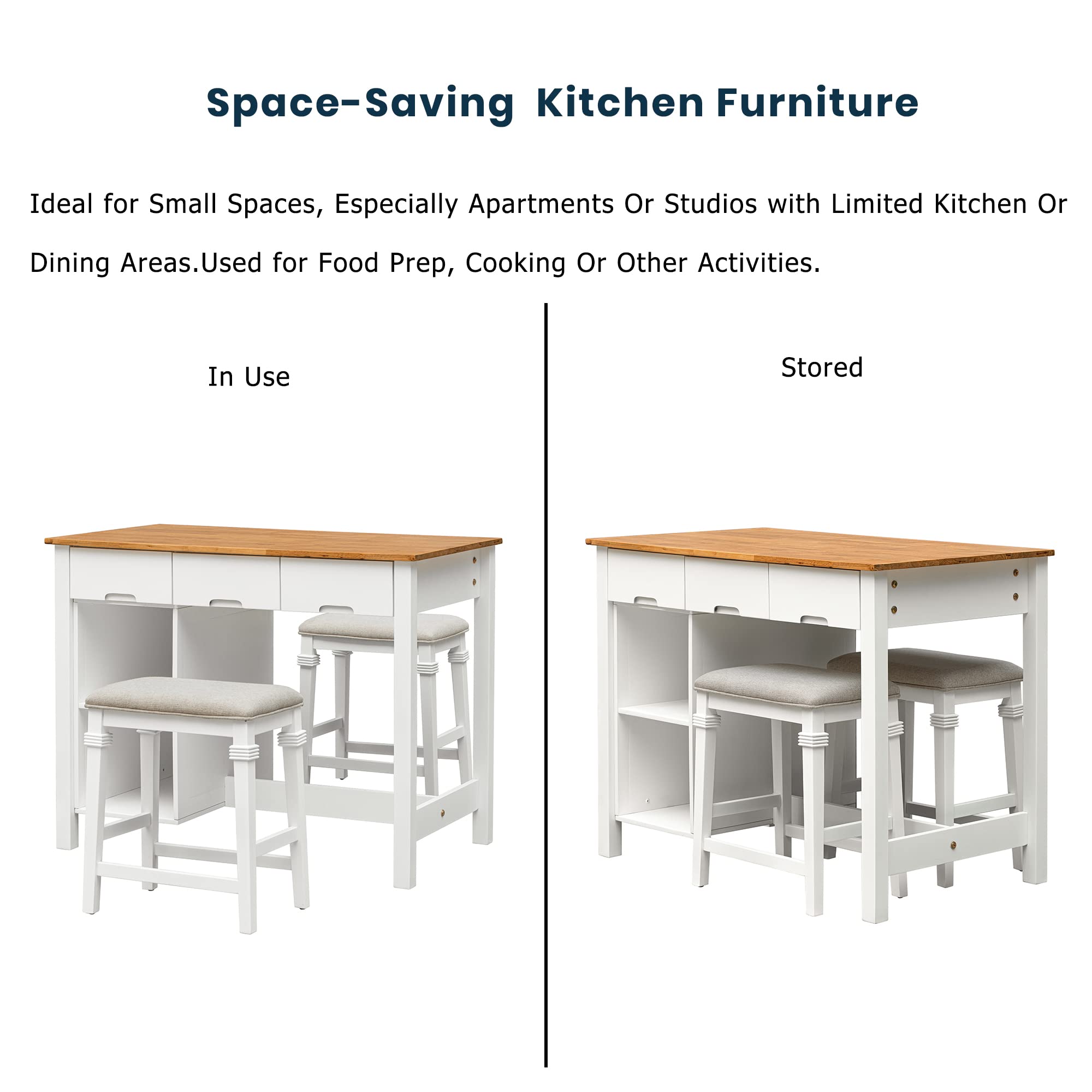 Bellemave 3 Piece Kitchen Island with Seating for 2 Counter Height Dining Table Set with Storage Farmhouse Wood Bar Table with Stools Small Breakfast Dinner Table and Chairs, White