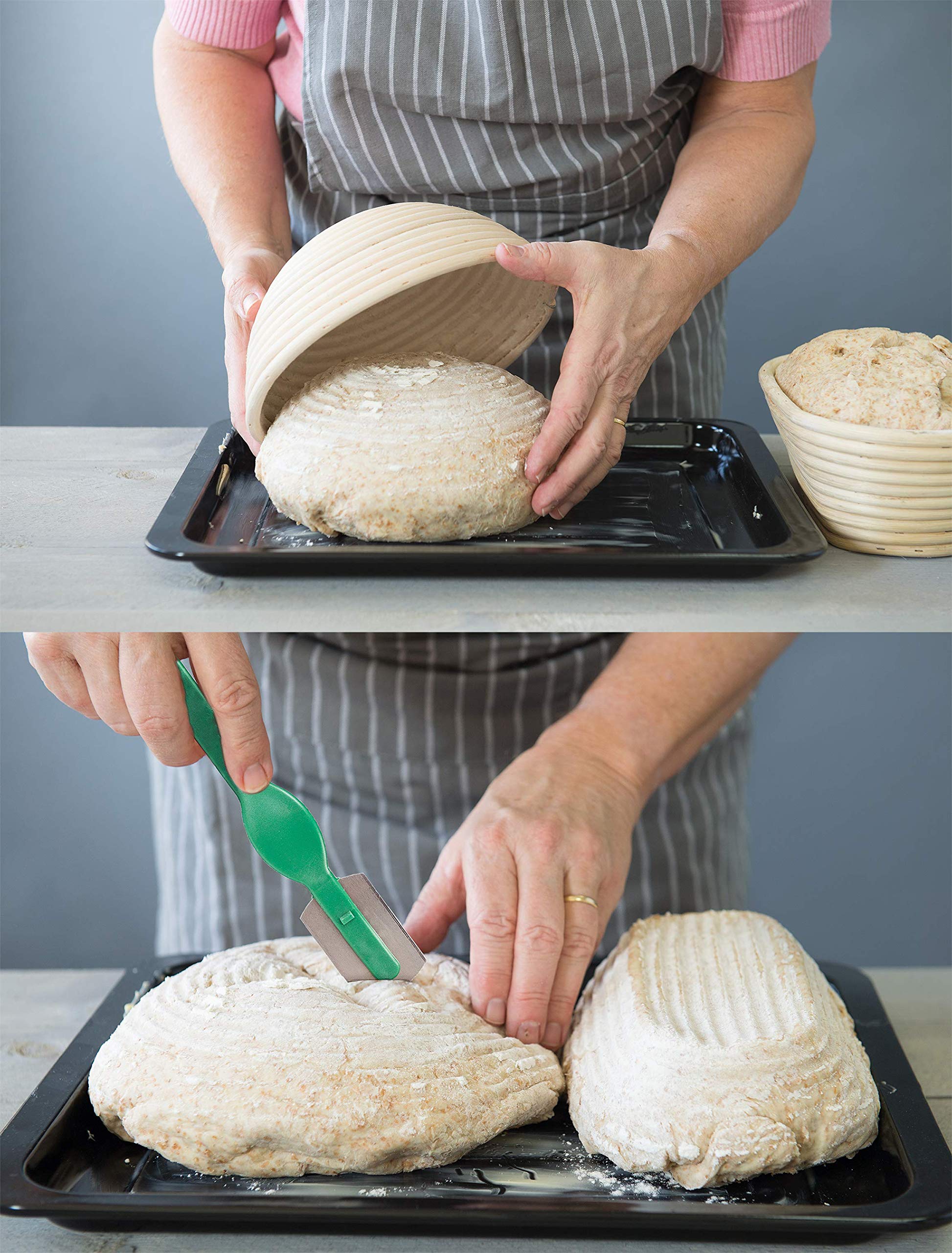Banneton Bread Basket – Sourdough Proofing Set – Bread Bowl & Linen Liner Cloth + Lames – Rattan Basket No Smell – Bread Bag Included – 10” Brotform – for Homemade Bread