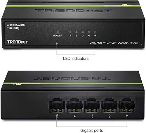 TRENDnet 5-Port Mini Gigabit Switch, TEG-S50g, GREENnet Technology, NDAA + TAA Compliant, Desktop Metal Ethernet Network Switch, 5 x Gigabit Ports, Fanless, Lifetime Protection, Black