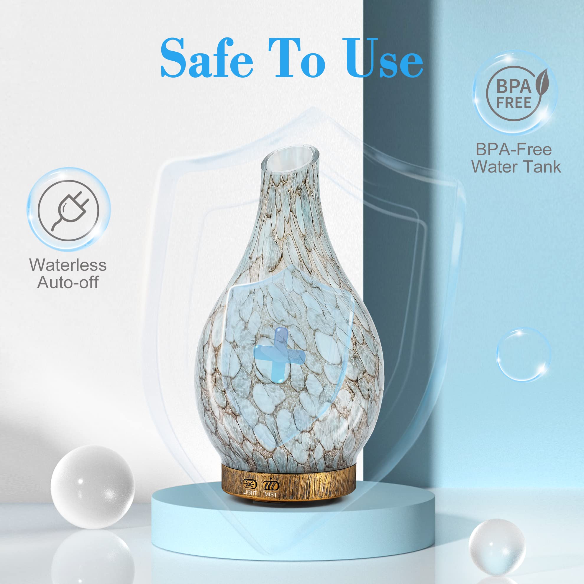 ASAKUKI Essential Oil Diffusers 150ml, Glass Aromatherapy Diffuser with 2 Mist Modes Waterless Auto-Off 7 Colors Changed LED Handmade Glass Diffuser for Home Yoga Office